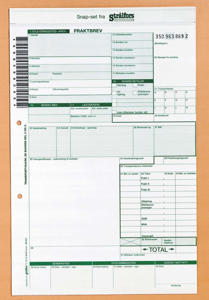 Fraktbrev 12 X 210mm løse - Wulff Supplies